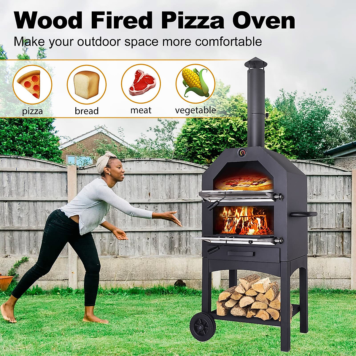 Vonzoy Wood Fired Outdoor Pizza Oven with Waterproof Cover, Pizza Stone and Peel, Wood Burning Pizza Oven with 2 Wheels for Outside