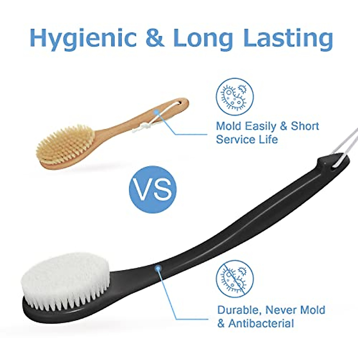 Exfoliating Shower Brush, Bath Body Brush, Never Mold Back Brush Long Handle for Shower, Dry Brushing Body Brush or Wet Brush with Moderate Bristles Black