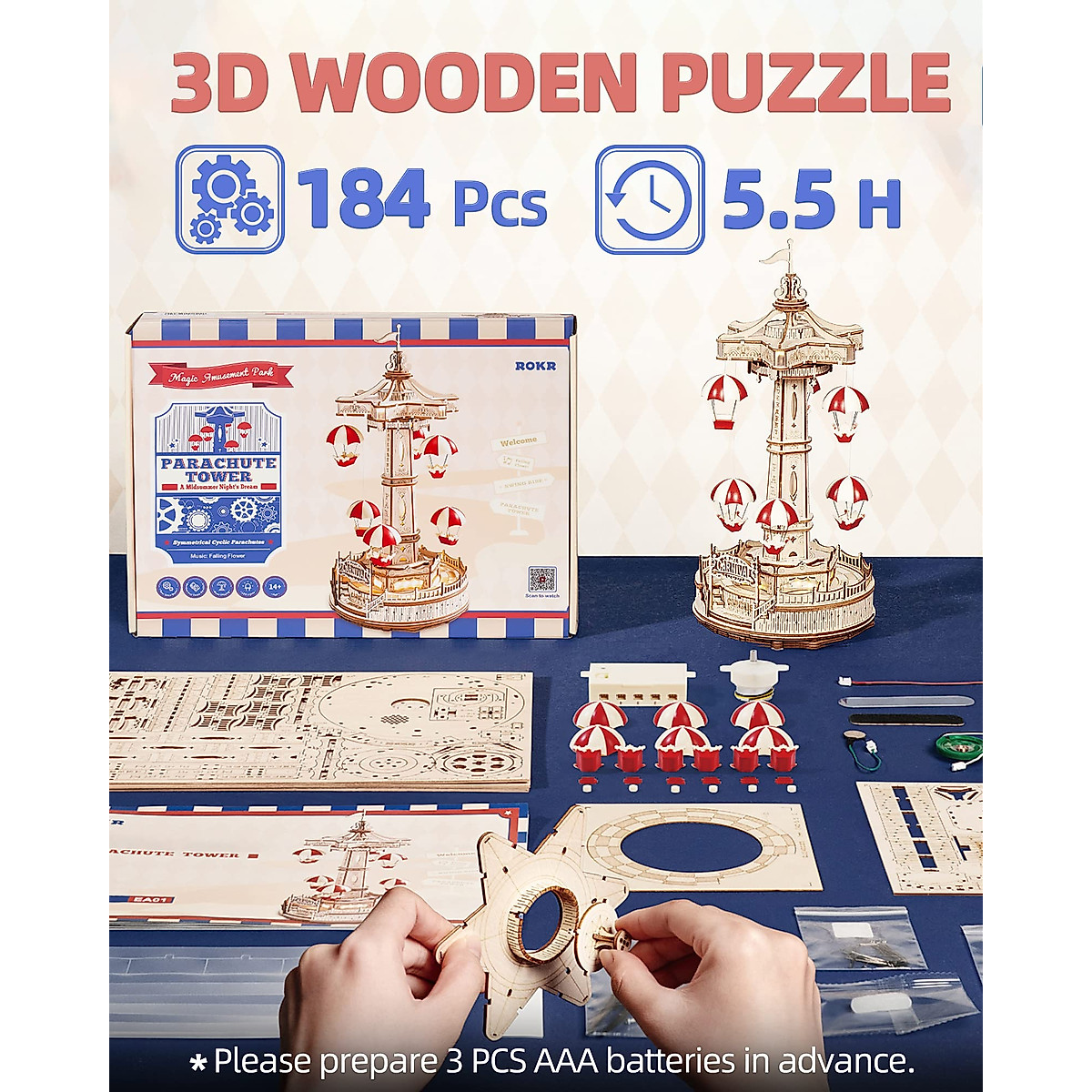 ROKR 3D Wooden Puzzles for Adults-LED Wooden Music Box Kits-Wood Model Kits to Build-3D Puzzles for Kids and Adults-Christmas STEM Toy Gifts