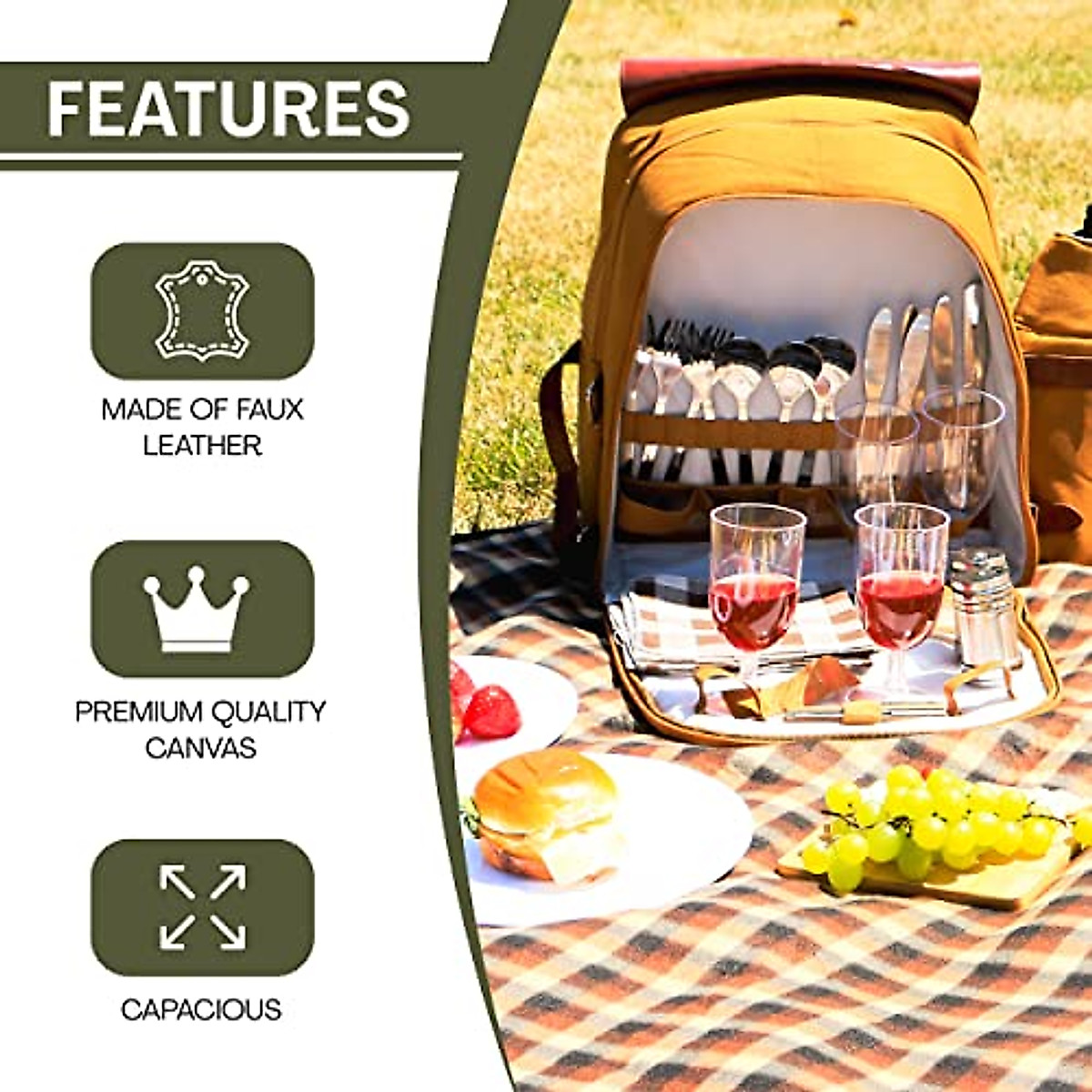Picnic Backpack - Canvas and Faux Leather Picnic Backpack for 4 – Insulated Picnic Basket for 4 and Picnic Set - Picnic Basket w/a Fleece Picnic Blanket, Dinner Plates and Cutlery Set