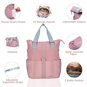 Diaper Bag Backpack for Mom Dad, ZWFLAU Multifunction Tote Travel Diaper Backpack, 4 in 1 Waterproof Convertible Lightweight Diaper Bags for Baby Boys Girls(Pink)