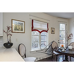 LOGANOVA Flat Roman Shade Chevalle Brick. White base, luxuriant red border on three sides, scalloped bottom and chain mechanism. Custom made.