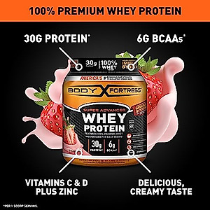 Body Fortress Super Advanced Whey Protein Powder, Strawberry, Immune Support (1), Vitamins C & D plus Zinc, 1.78 lbs (Packaging May Vary)