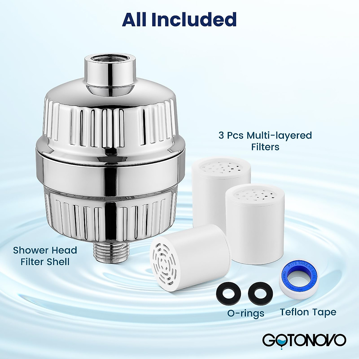 gotonovo 20 Stage Shower Head Filter for Hard Water,Shower Filter with 2 Replaceable Cartridges, High Pressure Shower Water Filter Removes Odors and Impurities Polished Chrome