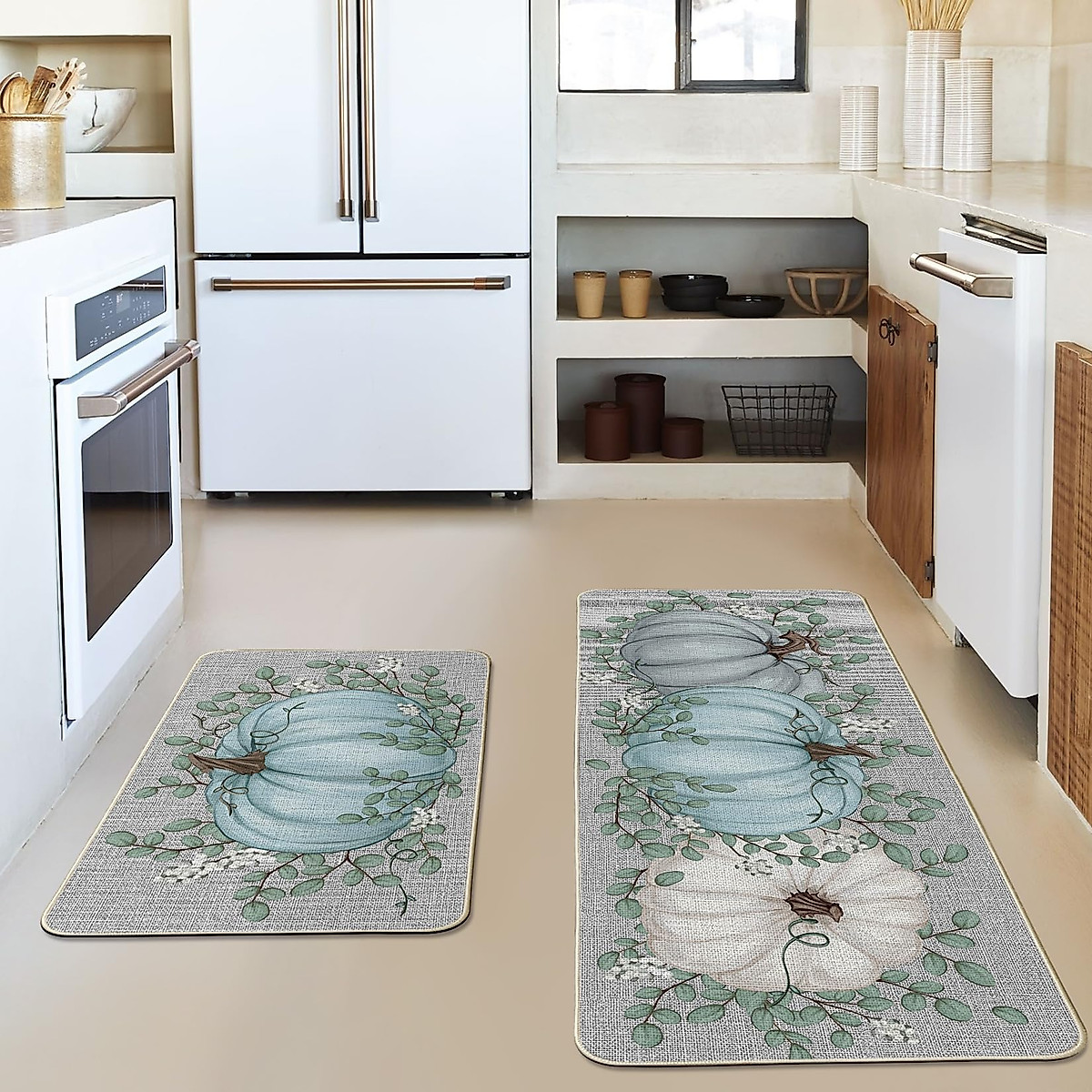 Artoid Mode Pumpkin Eucalyptus Fall Kitchen Mats Set of 2, Home Decor Low-Profile Kitchen Rugs for Floor - 17x29 and 17x47 Inch