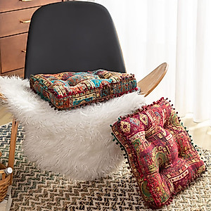 vctops Christmas Red Bohemian Patchwork Square Chair Seat Cushions for Dining Kitchen Office Chairs Patio Soft Cotton Linen Chair Pads (Red,16"x16")