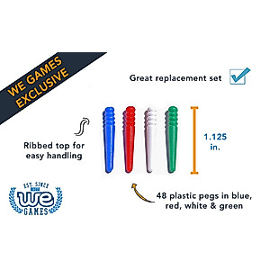 WE Games 48 Standard Plastic Cribbage Pegs w/a Tapered Design in 4 Colors - Red, White, Blue & Green