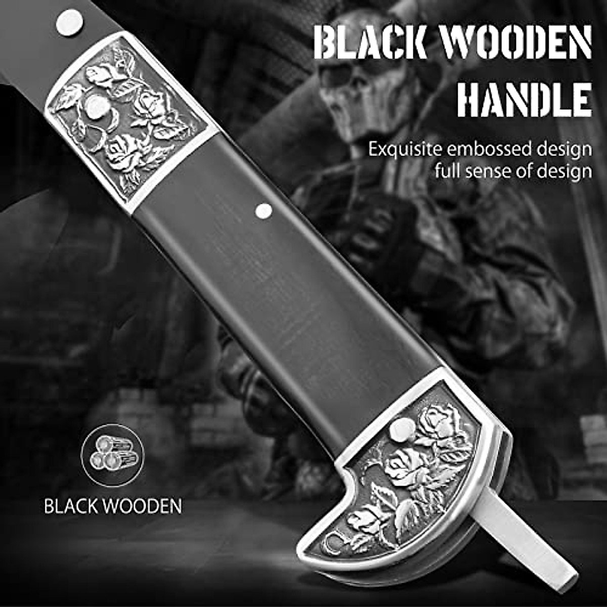 VALHALLA Folding Sickle, Black Sharp Blade with Two Section Foldable Scythe, Wooden Handle Folding Scythe, Folding Sickle Knife, Sheath for easy carrying