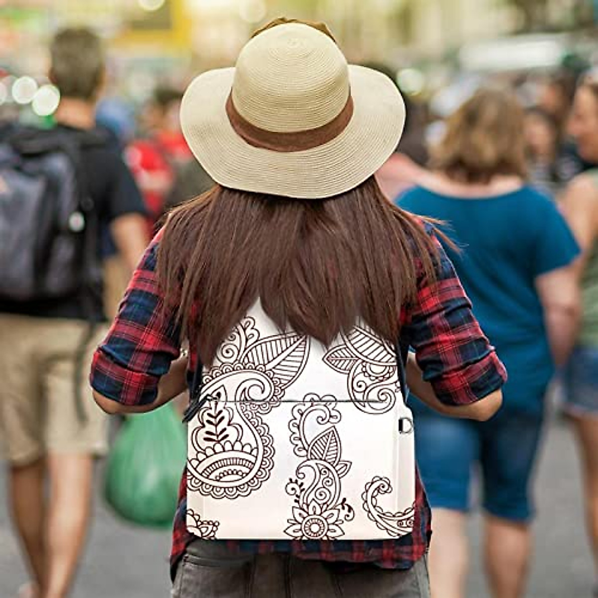 Bookbags for Boys Girls Travel Leather Backpack for Men Women, Paisley floral texture pattern