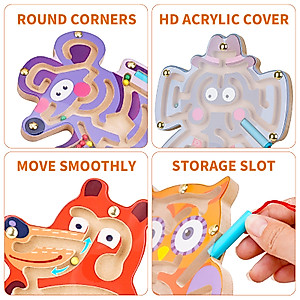 NiToy 4PCS Wooden Magnetic Maze Toys for Kids 3+, 7''x8'' Animal Interactive Puzzle Game Board Montessori Labyrinth STEM Activity Child Fine Motor Skill Development Preschool Birthday Gift (4 Animals)