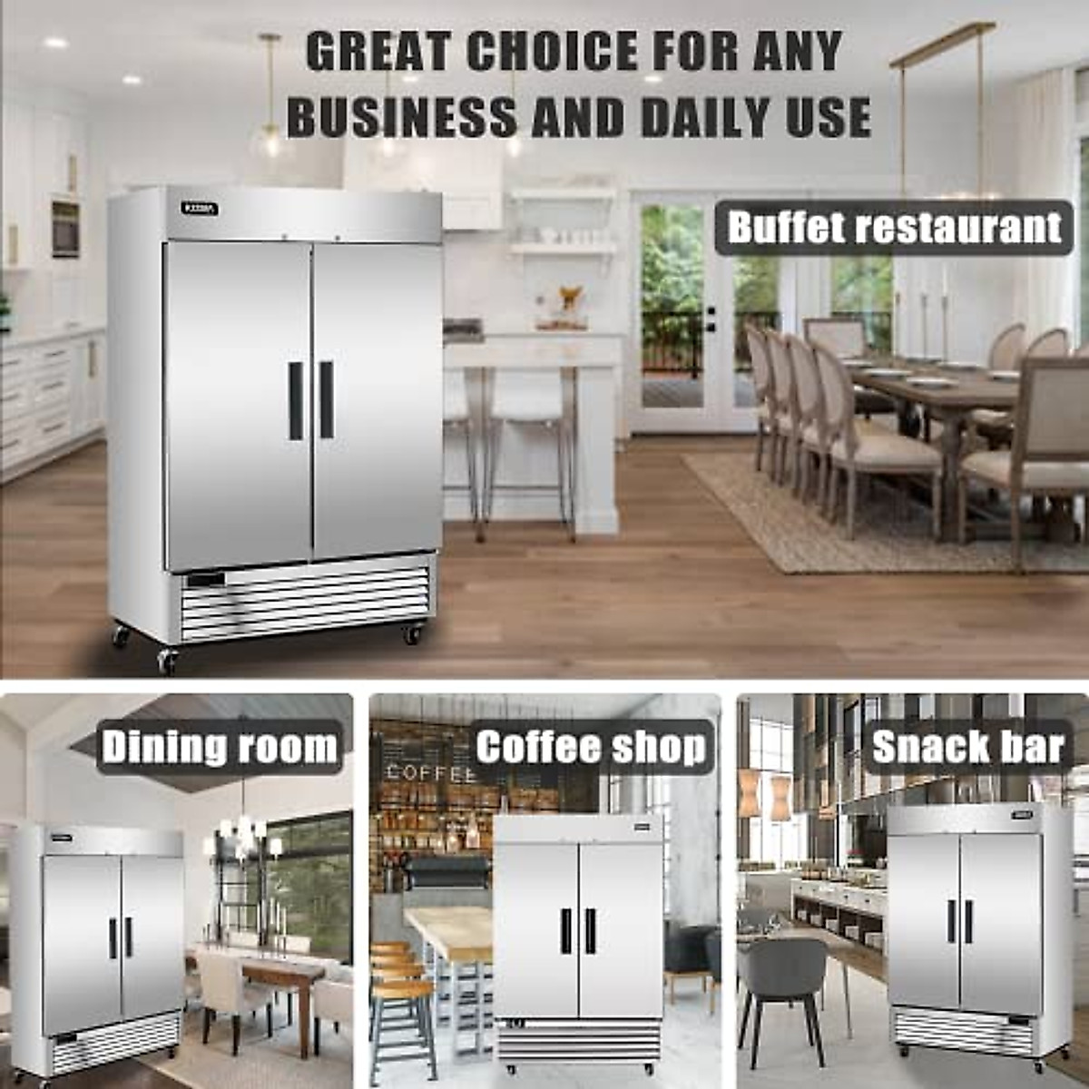 KITMA 54" Two Section Two Solid Doors Reach-in Commercial Refrigerator, 49 Cubic Feet, Automatic Defrost