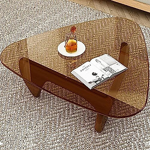 Triangle Glass Coffee Table-Mid-Century Modern End Table Solid Wood Base and Vintage Tempered Transparent Glass Top Coffee Tables Living Room Balcony (Walnut/Brown, Medium 35.8 * 25.5 * 16in)