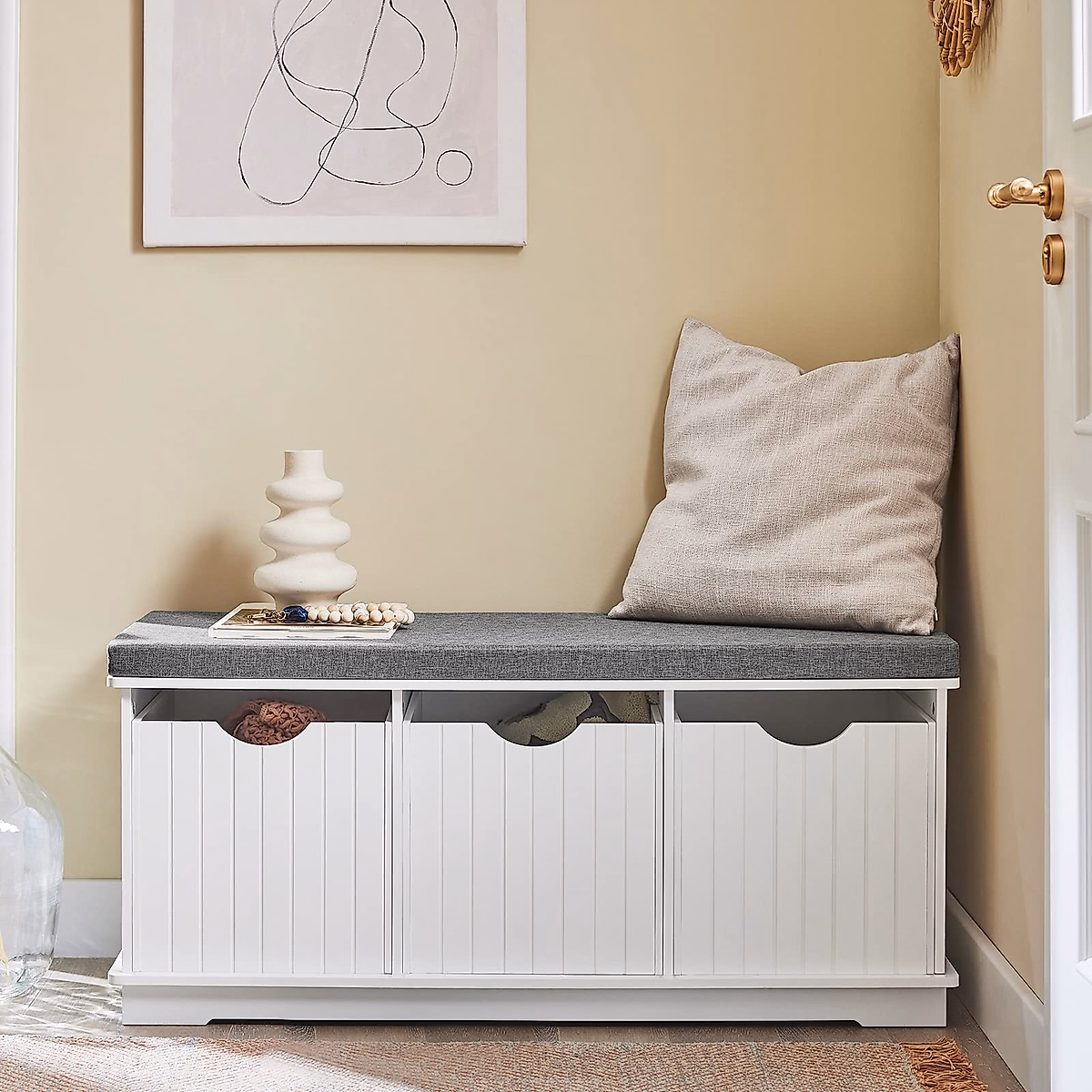 Haotian White Storage Bench with Drawers & Padded Seat Cushion, Hallway Bench Shoe Cabinet Shoe Bench, FSR30-W