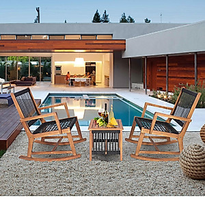 Tangkula 3 Pieces Acacia Wood Rocking Bistro Set, All-Weather Rope Woven Patio Furniture Set with Coffee Table, Outdoor Conversation Set for Front Porch, Deck, Balcony (Black & Natural)