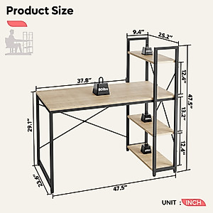 Bestier 47 Inch Computer Desk with Adjustable Shelves, Simple Writing Desk with Reversible Bookshelf and Metal Legs for Home Office and Studio, Oak