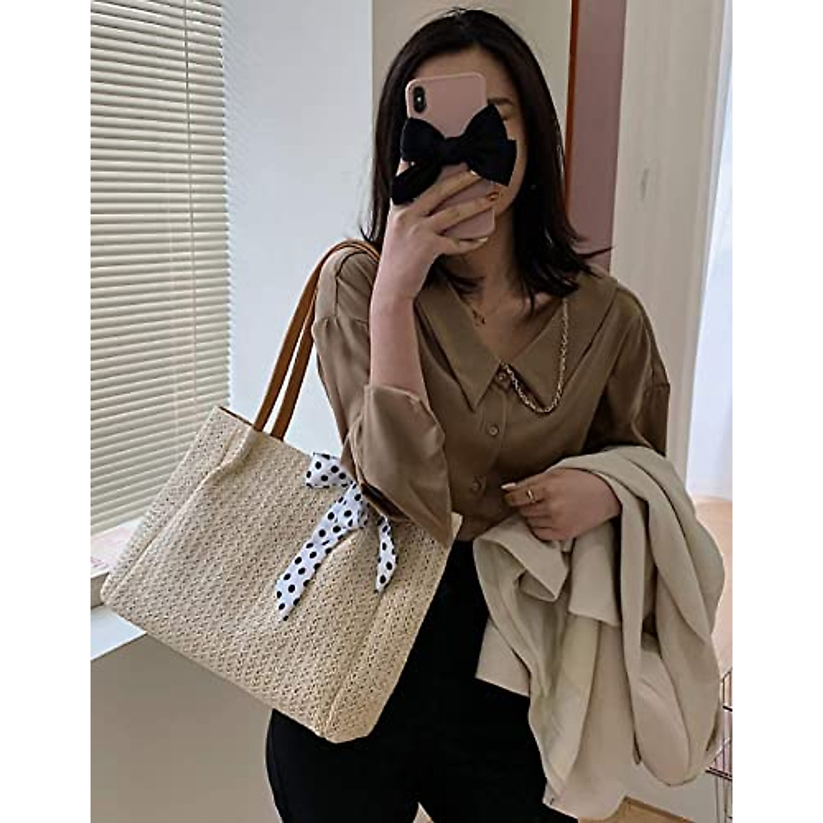 Obosoyo Straw Bags for Women Beach Bags Bowknot Shoulder Bags Straw Purse Summer Woven Bags (Beige White)
