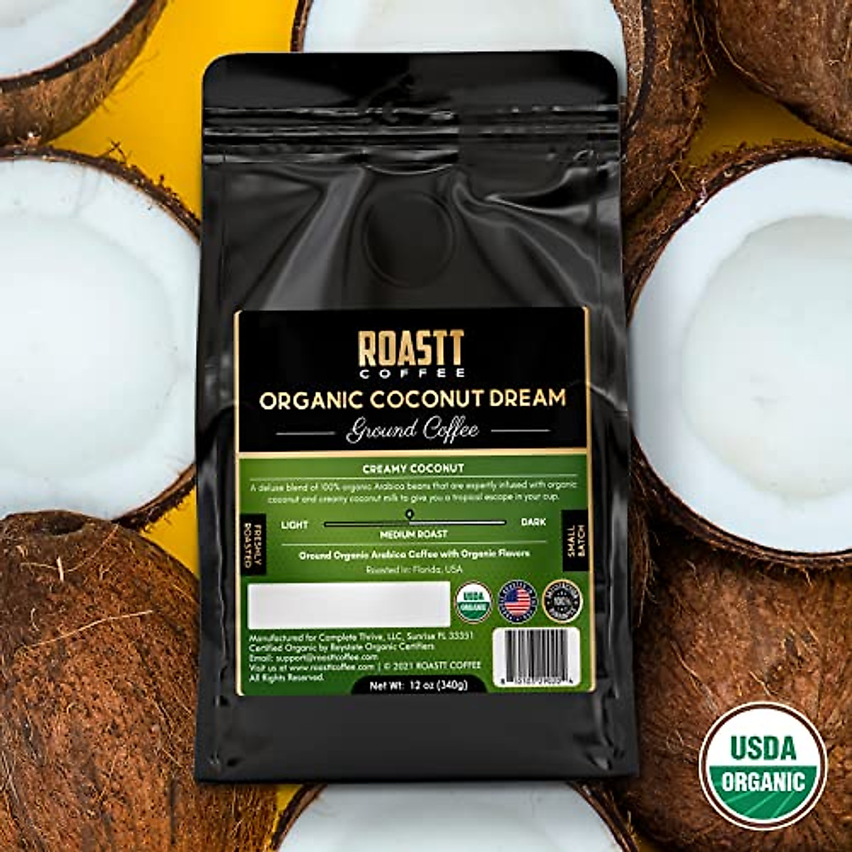 Coconut Coffee | Toasted Coconut Ground Coffee | Gourmet Medium Roast Organically Flavored Coffee Ground | Caffeinated Organic Toasted Coconut Coffee - 12 Ounce Roasted Flavored Coffee Grounds by Roastt Organic