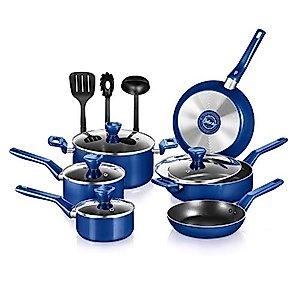 NutriChef 13 Pcs. Nonstick Kitchen Cookware PTFE/PFOA/PFOS-Free Heat Resistant Kitchenware Set w/Saucepan, Frying Pans, Cooking Pots, Casserole, Lids, & Utensils, Blue NCCWA13BU