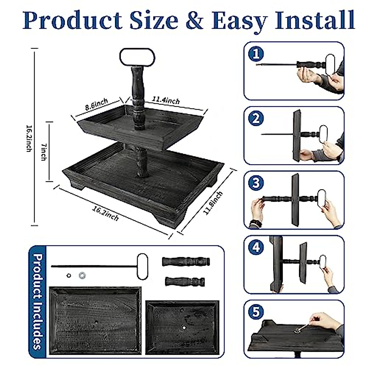 Tiered Tray Decor 2 Tier Wooden Tray Stand Decorative Serving with Metal Handle Farmhouse Two Tiered Tray-Rustic Rectangular Tiered Tray Tiered for Kitchen Table Decor Serving Tier Tray Decoration