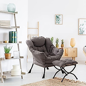 LITA Modern Lazy Chair with Ottoman, Accent Contemporary Lounge Chair Single Leisure Upholstered Sofa Chair Set with Armrests and a Side Pocket, Reading Chair for Living Room & Bedroom, Dark Grey