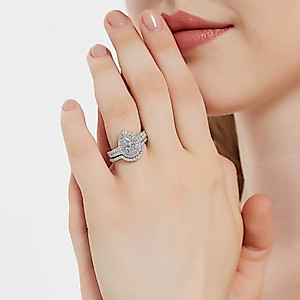 BERRICLE Sterling Silver Halo Wedding Engagement Rings Pear Cut Cubic Zirconia CZ Milgrain Ring Set for Women, Rhodium Plated Size 6