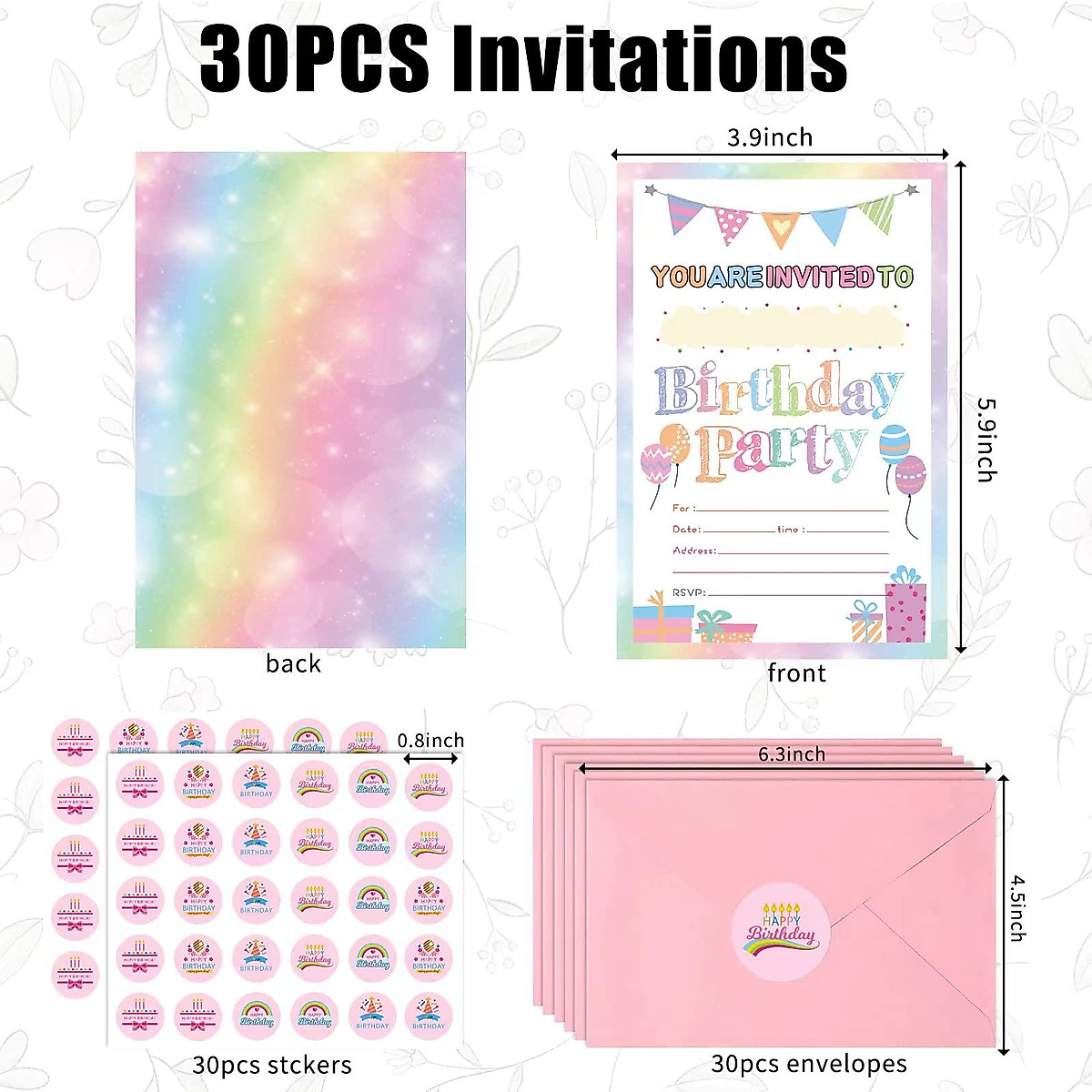 Idealmuzik 30 Pack Birthday Party Invitations for Girls with Envelopes and Sticker, Cute Birthday Party Invitations Cards for Kids, Party Decorations Supplies for Baby Shower Birthday Party