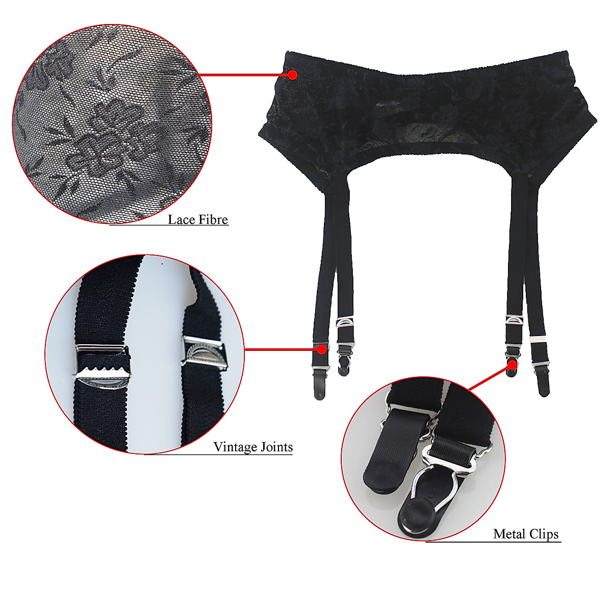 TVRtyle Women's Mysterious Sexy Black 4 Vintage Metal Clips Garter Belts for Stockings (Small)