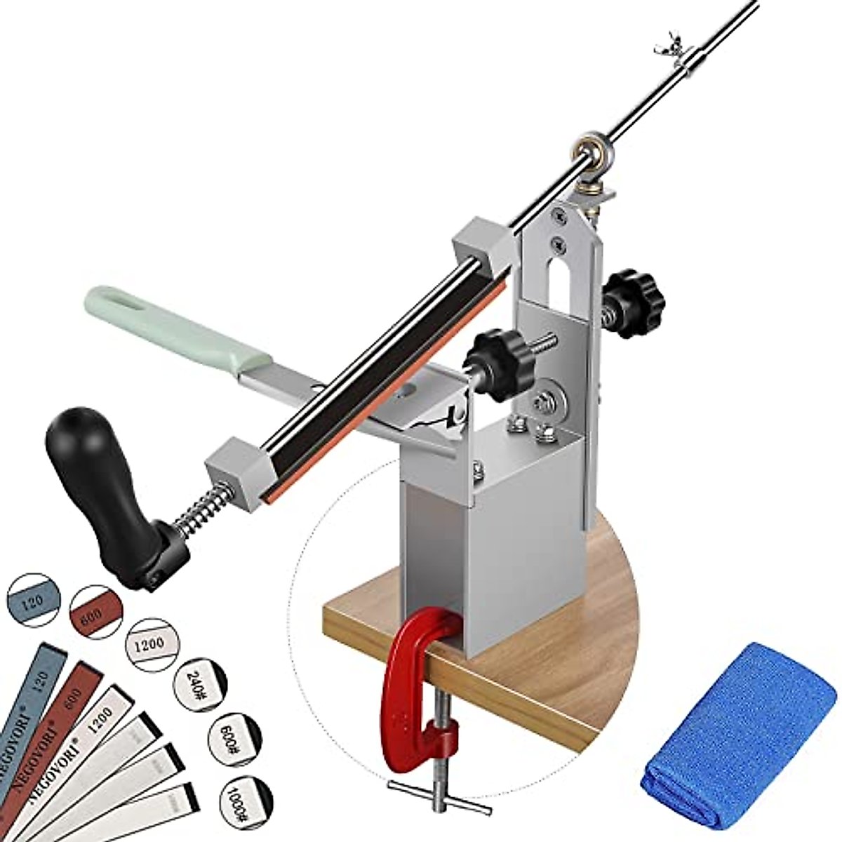 NEGOVORI Knife Sharpener,Professional Stainless Fixed Angle Sharpener,With 6 Plastic Base Whetstones, 360° Flip Rotation Fixed Angle Kitchen Chef Knife Sharpener Knife Sharpening Kit