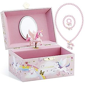 RR ROUND RICH DESIGN Musical Jewelry Glitter Storage Box and Jewelry Set for Little Girls with Spinning Unicorn and Rainbow - Over the Waves Tune Pink