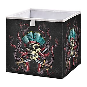 Blueangle Octopus Pirate Skull Cube Storage Bin, 11 x 11 x 11 in, Large Collapsible Organizer Storage Basket for Home Décor（530）