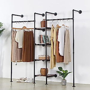 EDCB Wall Mounted Industrial Pipe Heavy Duty Clothes Rack, Clothing Rods for Hanging Clothes, Freestanding Clothing Rack with 2 Hang Rods & 4 Shelves, 72.8" W x 17.7" D x 71" H