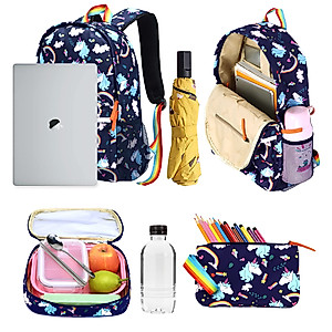 Kemy's Toddler Backpack for Elementary with Lunch Box and Pencil Pouch, Unicorn Kids Backpack for Girls School（Blue 3 Pieces）