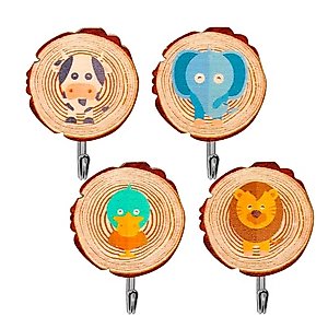 Johiux Pack of 4 Self-Adhesive Wooden Hooks, Adhesive Hooks, Children's Coat Hooks, Wall Hooks, Self-Adhesive Children's Coat Hooks are Used for Towels, Backpacks, Hats and Coats.