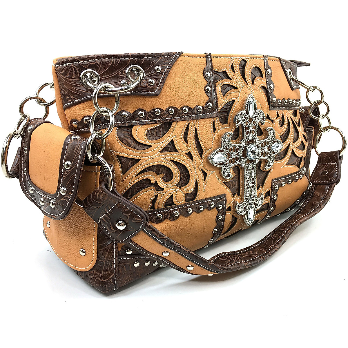 Justin West Tooled Western Leather Laser Cut Rhinestone Cross Shaped Studded Shoulder Concealed Carry Handbag Purse (Tan)
