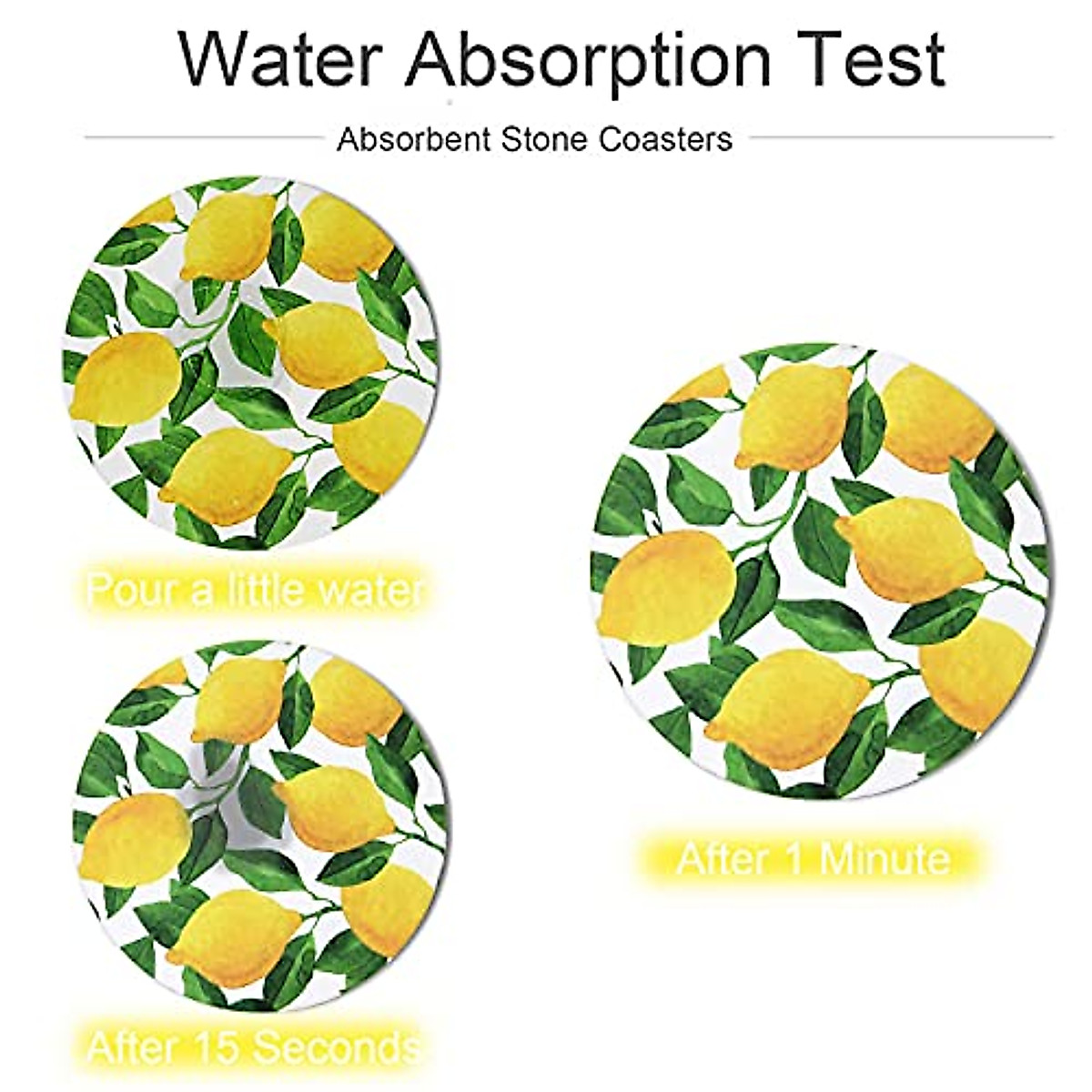 Drink Coasters Set of 6 with Holder, Lemon Absorbent Ceramic Coasters for Wooden Table, Rustic Coasters Cork Base New Home Decor House Warming Gift