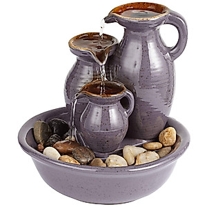 Triple Jug Zen Indoor Cascading Small Tabletop Water Fountain Chocolate Speckle Ceramic Real River Rock 9" for Table Desk-Top Home Office Bedroom House Relaxation Living Room - John Timberland