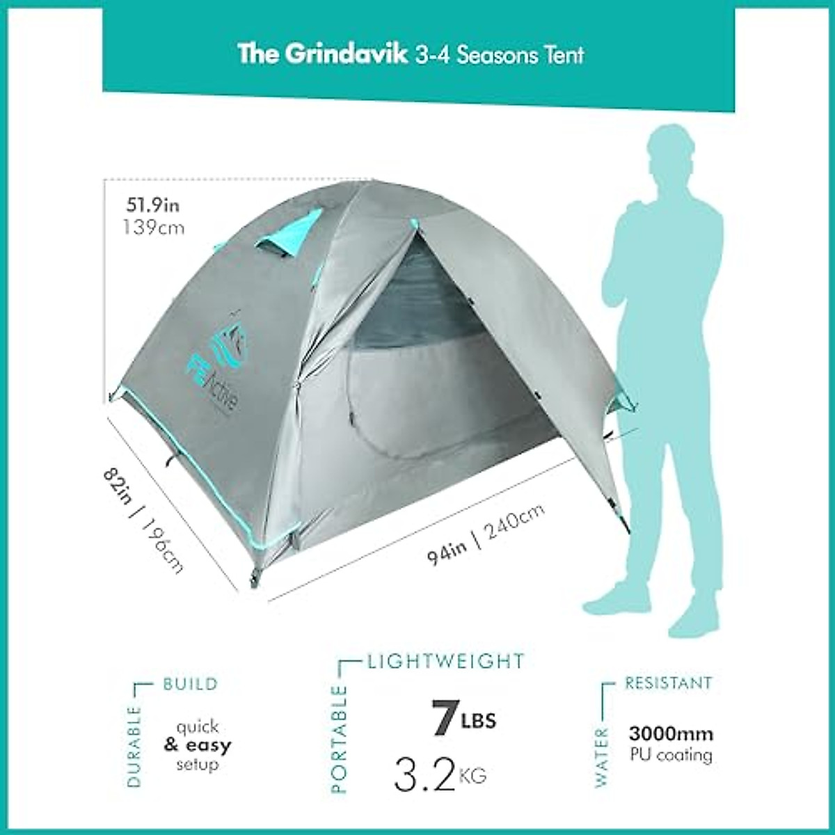 FE Active 4 Person Tent - Four Season 3-4 Man with 3000mm Waterproof Rip-Stop, Full Rainfly, Aluminum Poles Adult Tent for All Year Camping, Backpacking, Hiking, Travel | Designed in California, USA