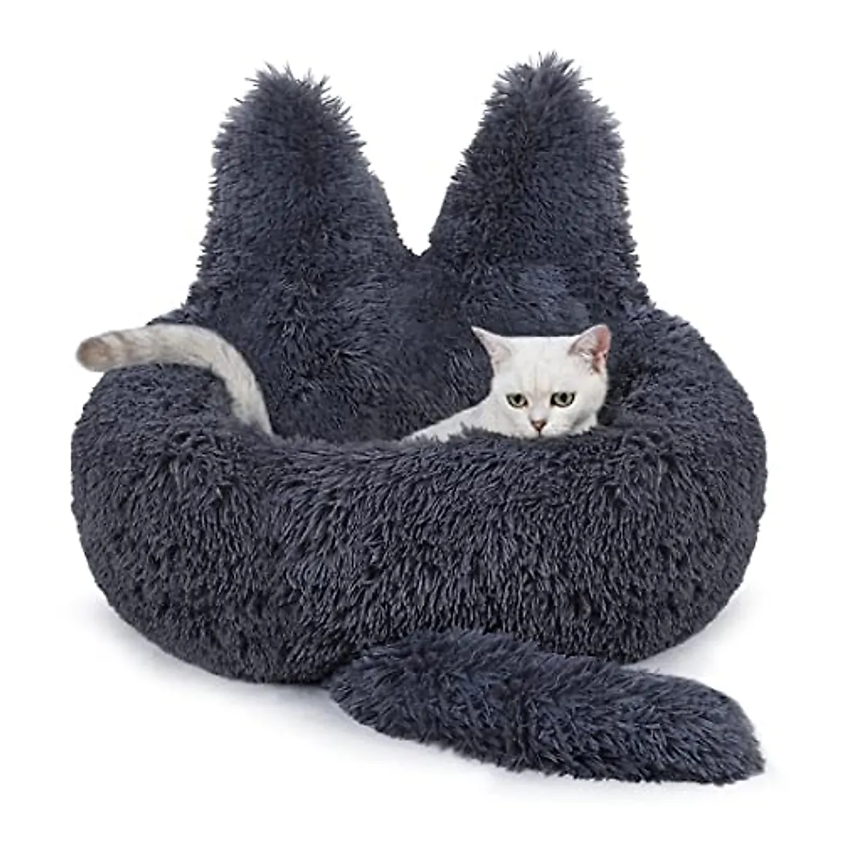 Idepet Cat Bed, Calming Dog Bed Luxury Plush Pet Bed with Anti-Slip Bottom Warm Round Dogs Cushion Soft Cozy Fluffy Cat Dog Bed (20", Dark Grey)