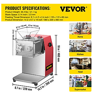 VEVOR Commercial Meat Cutting Machine, 551 Lbs/H 850W Meat Shredding Machine, 3.5mm Blade Electric Meat Cutter, Stainless Steel Restaurant Food Cutter, for Kitchen Supermarket Lamb Beef Chicken, Red