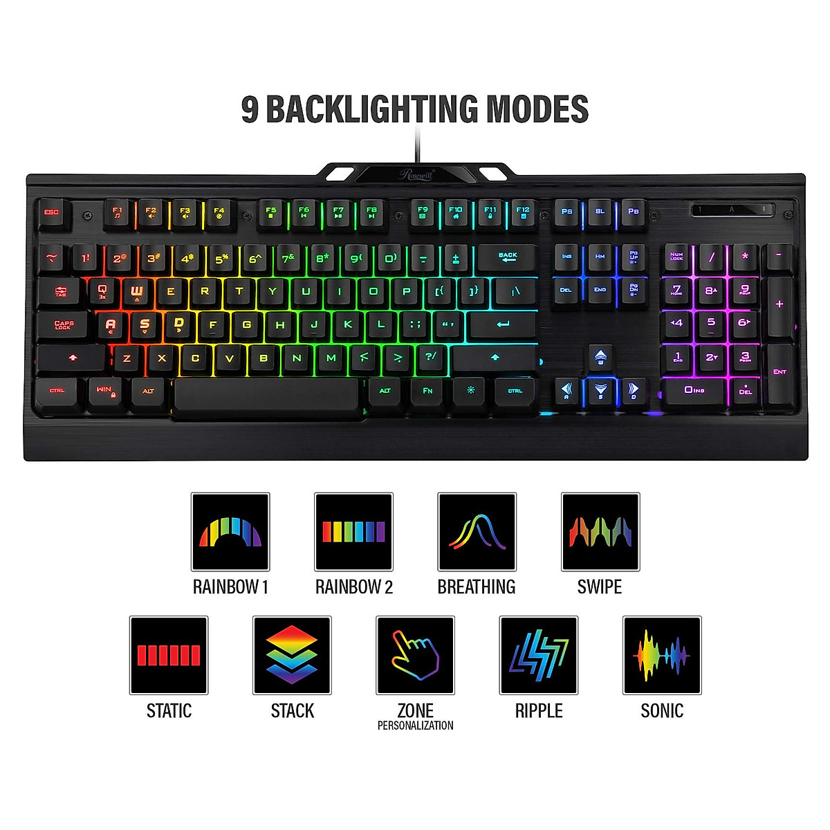 Rosewill NEON K54 Wired Membrane Gaming Keyboard, 9 RGB LED Backlight Effects, 104 Keys, 19-Key Anti-Ghosting, WASD and Arrow Keys Exchange, 8 Multimedia Hotkeys, Slim Profile Floating Keycaps