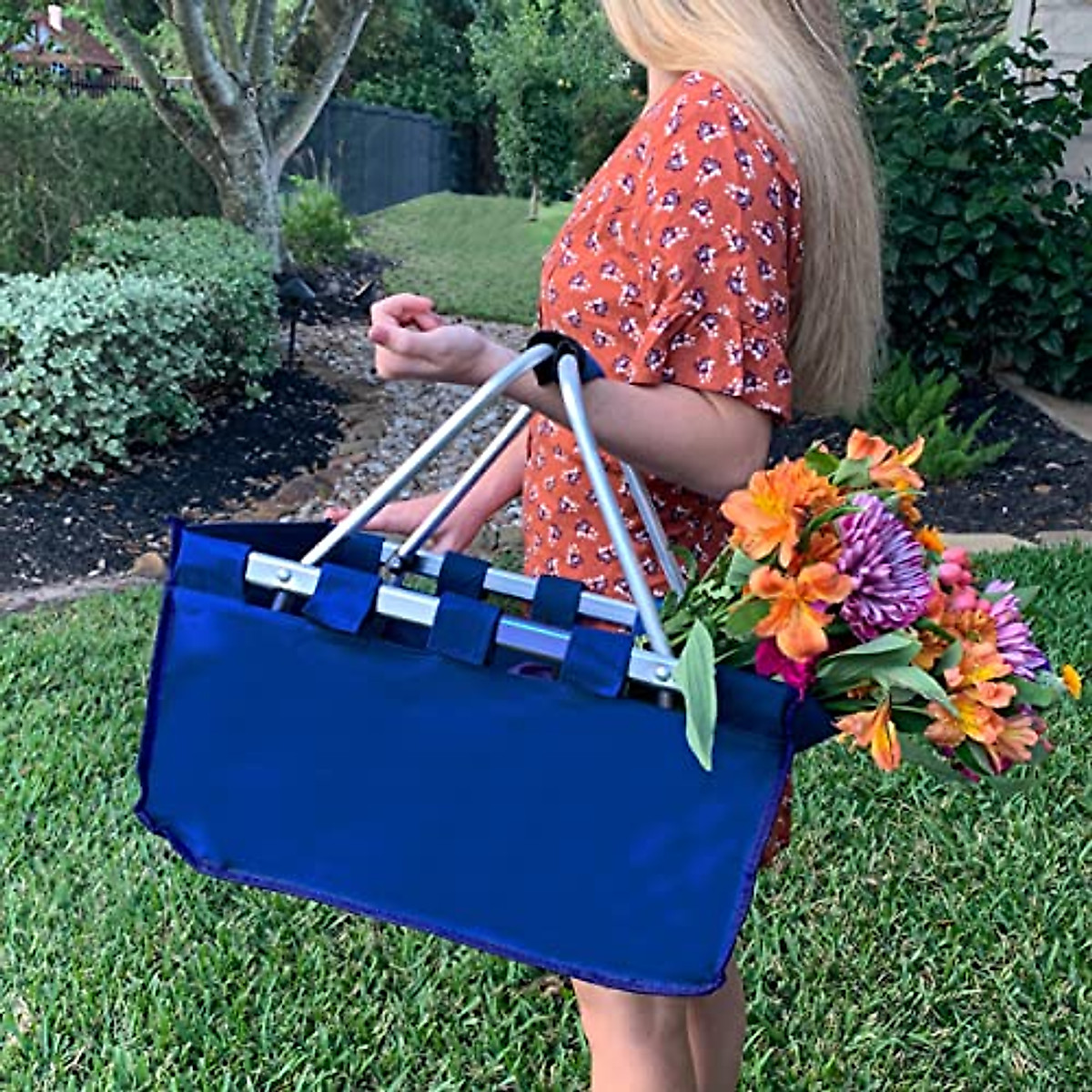 Threadart Large Collapsible Market Basket - Pink | Aluminum Frame | Polyester Fabric | Convenient Fold Flat Design |Reusable Space-Saving Shopping Tote, Gift Basket, Beach Basket, Picnic Basket