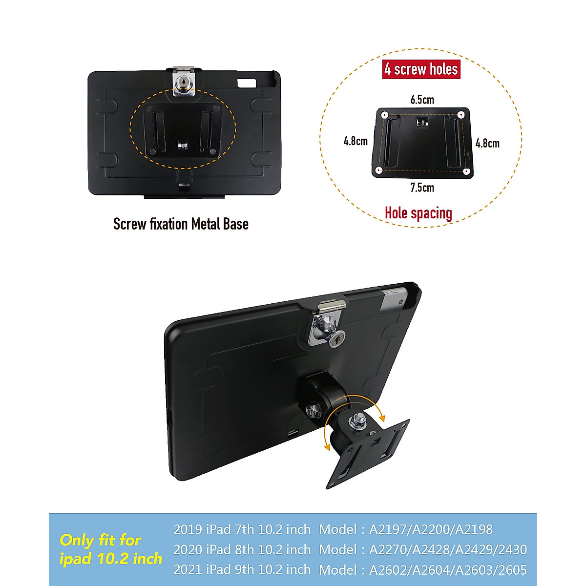 DDSHOW On Wall Mount Metal Bracket for iPad 10.2-Inch (Gen. 9th,8th,7th),with Anti Theft Security Lock&Key, Rotate Design Arbitrary Adjustment,Multi Angle,Metal,Screw Fixing,Black