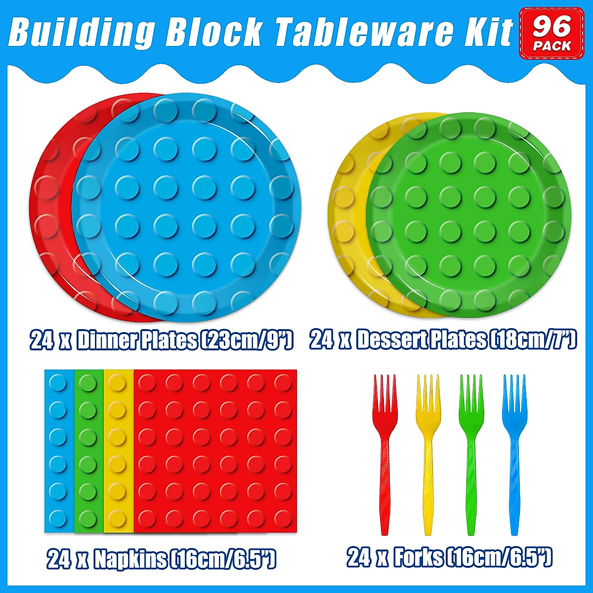 96 Pcs Building Block Party Supplies, Building Bricks Party Plates and Napkins Set Boys Girls Building Block Themed Party Dinnerware for Kids Baby Shower Birthday Party Decorations, Serves 24