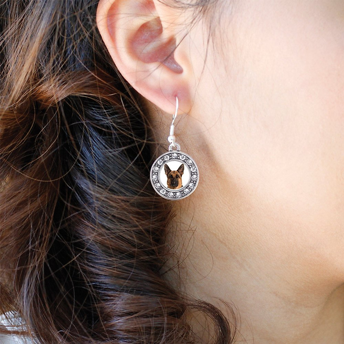 Inspired Silver - German Shepherd Face - Silver Dangle Earrings for Women - Circle Charm Earrings French Hook Drop with Cubic Zirconia - Women's Dangly Earrings Jewelry Gift