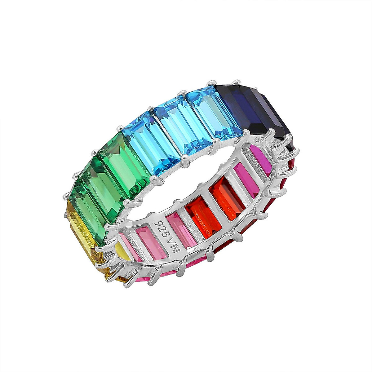 KIERA COUTURE Multicolored Princess Baguette Sterling Silver Band Ring Size 6 - Rainbow