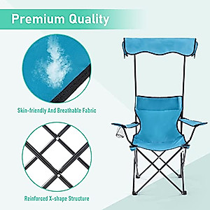 rotinyard Folding Camping Chair with Canopy Shade for Adults, Portable Beach Chairs with Umbrella Support 330 lbs, Heavy Duty Lawn Chair with Cup Holder for Outdoor Fishing Picnic Garden Sports Patio