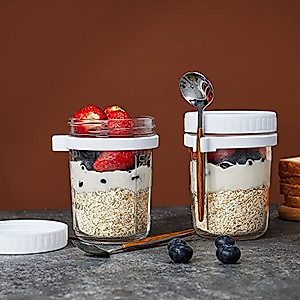 Overnight Oats Containers with Lids 2, 10oz Wide Mason Jars with Spoon - Great for on-the-go cereal containers - Very convenient for use on the go, Sealed glass jars are ideal for home, office or on-the-go (White)