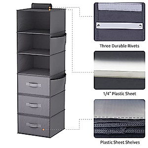 YOUDENOVA Hanging Closet Organizers, 6-Shelf Hanging Closet Storage Shelves with 3 Drawers, Grey