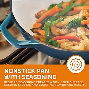 Bruntmor Cast Iron Pan 25cm - Cast Iron Skillet with Pour Spout, Round Frying Pan - Cast Iron Cookware, Crock Pot - Cooking Tools & Kitchen Essentials - Teal