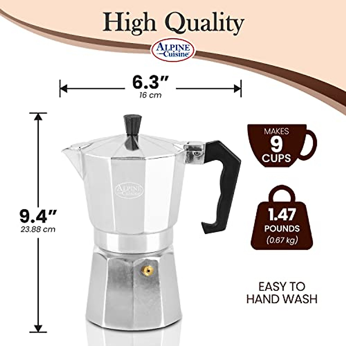 Alpine Cuisine Stovetop Espresso Maker 12.5 Oz, 9 Espresso Cups Moka Pot for Classic Italian and Cuban Coffee Maker, Aluminum Moka Pot, Makes Delicious Coffee, Excellent Camping Coffee Pot